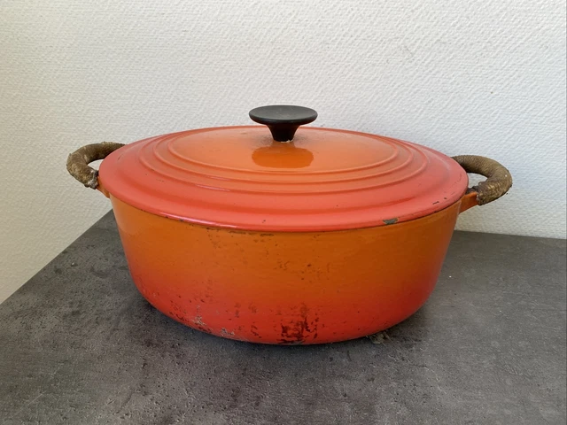 ANCIENNE COCOTE MARMITE fonte le creuset orange poignee corde ? cuisine ...