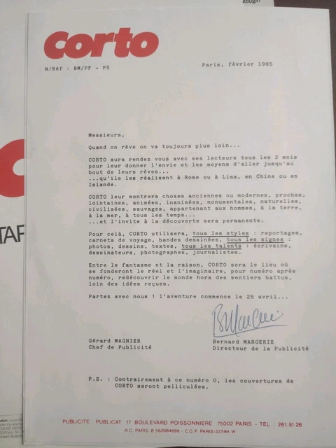 CORTO ️ RARE N° ZERO & Courrier Publicitaire + Collection Complète ...
