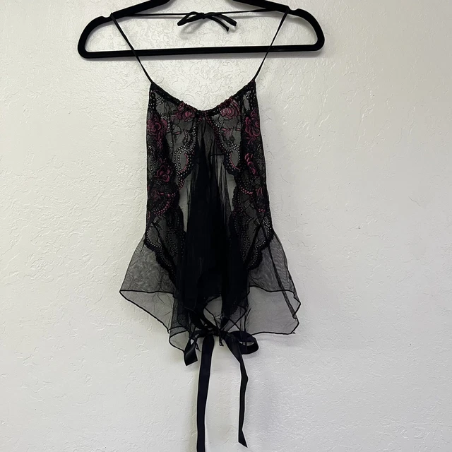 VINTAGE 90S SHIRLEY Of Hollywood Sheer Lace Halter Ribbon Bow Sz XL EVc ...