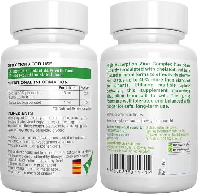 IGENNUS CHELATED ZINC Picolinate & Bisglycinate Complex 25Mg with ...