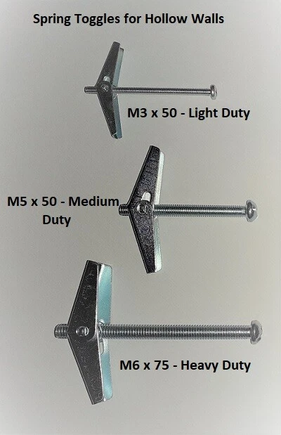 HOLLOW WALL PLUGS Spring Toggles Plasterboard Fixings Dry Walls M3 M5 ...