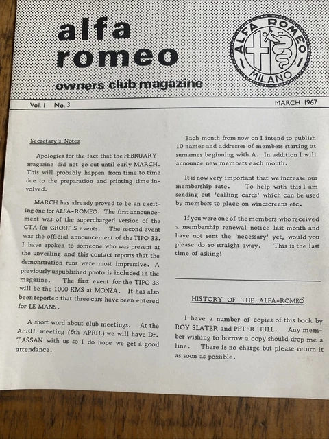 ALFA ROMEO VINTAGE Car Owners Club Magazine 1967 March Very Rare ...