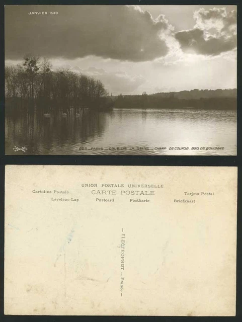 PARIS FLOOD 1910 Old Postcard Champ de Course Boulogne Swan £4.99 ...