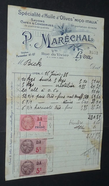 FACTURE 1938 EN-TETE P. Marechal Lyon Huiles Olives Nico-Italia Timbre ...