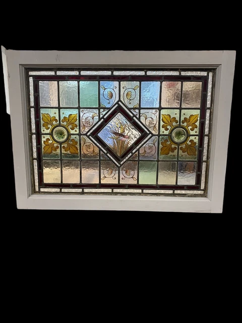 VICTORIAN STAINED GLASS Hand Painted Rare Window Panel Old Restored ...