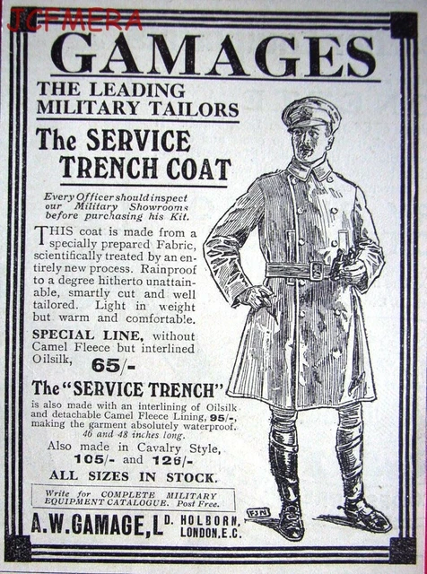 WW1 GAMAGES OFFICERS' Service Trench Coat ADVERT - Small Antique 1916 ...