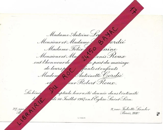 FAIRE PART MARIAGE + Robert ROUX / Antoinette CORDIE + 1947 Paris EUR ...
