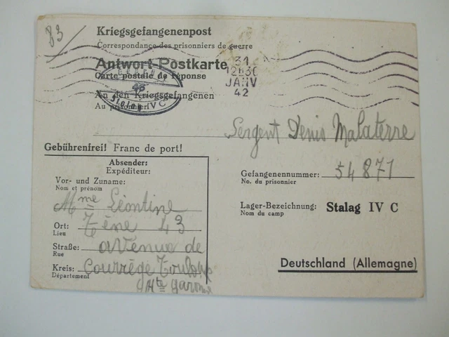 LETTRE PRISONNIER DE guerre, STALAG IVc 46, 31/01/1942, KGpost CP de ...