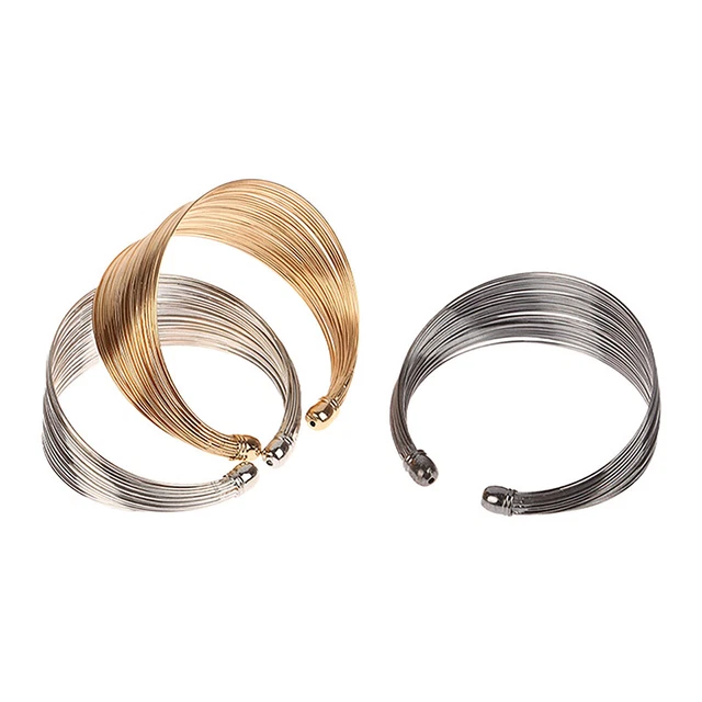 WOMEN'S WIDE BRACELET Multilayer Metal Wires Strings Open Adjustable ...