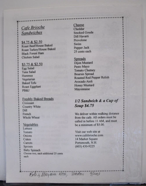 2003 CAFE BRIOCHE Restaurant Menu Market Square Portsmouth New ...