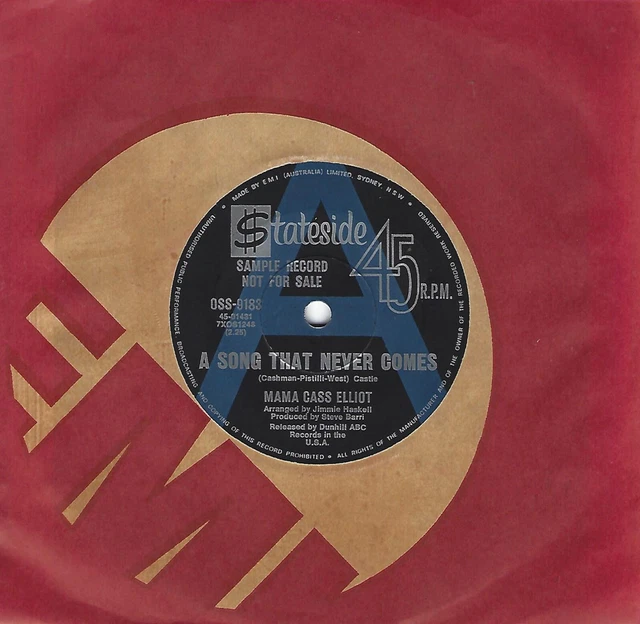MAMA CASS ELLIOT A SONG THAT NEVER Australian STATESIDE A-Label PROMO ...
