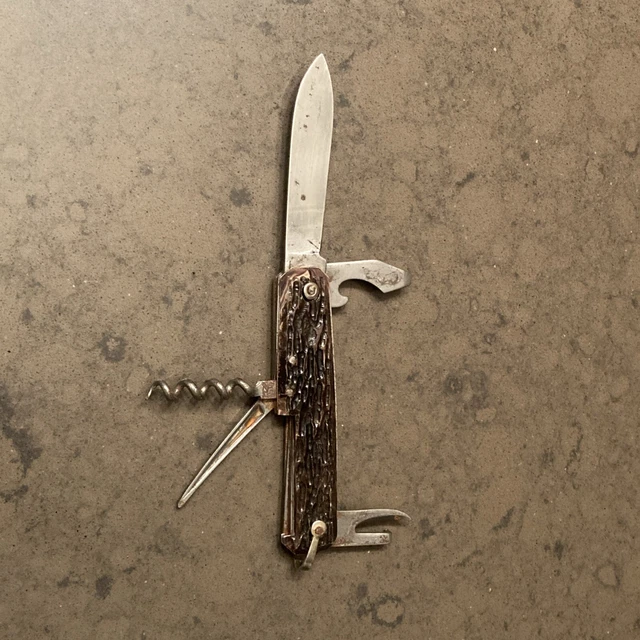 ANCIEN COUTEAU DE POCHE PLIANT multifonction PRADEL imitation BOIS DE ...