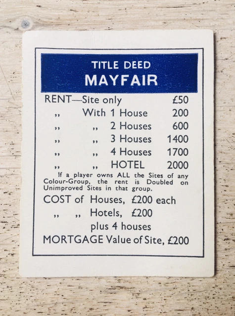 PROPERTY CARD: MAYFAIR. Original 1957 ‘MONOPOLY’ spare/replacement. £2. ...