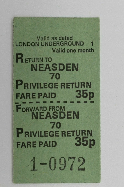 LONDON UNDERGROUND RAILWAY Ticket 0972 Neasden 70 £1.70 - PicClick UK