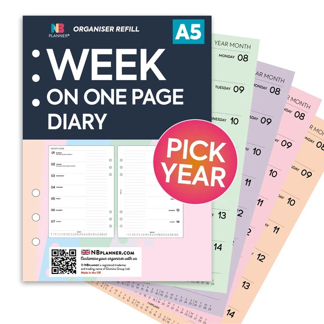 2025 2026 2027 A5 Filofax COMPATIBLE Week on one page diary organiser ...