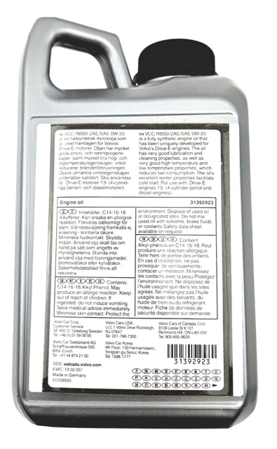 HUILE MOTEUR VOLVO Original SAE 0W20 1 Litre VCC-RBS0-2AE - 31392923 ...