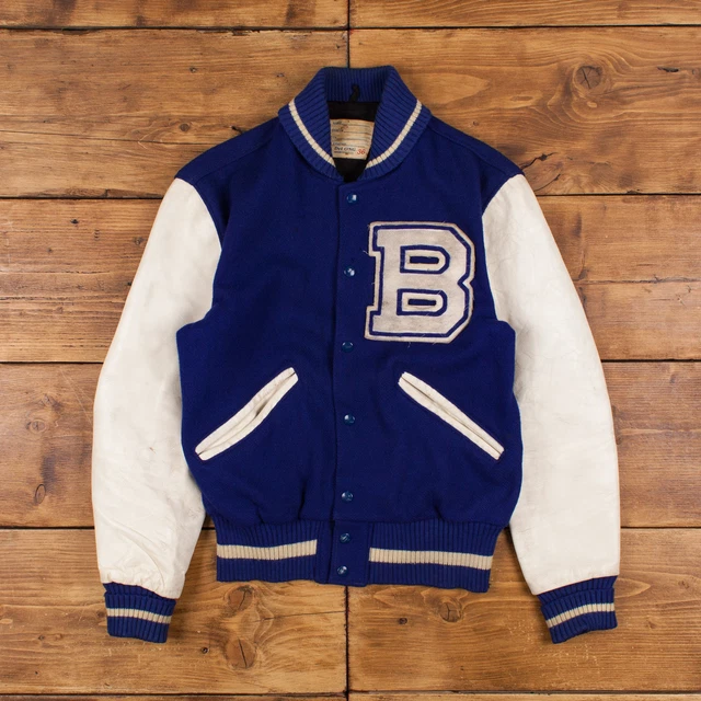 VINTAGE DELONG VARSITY Jacket S 80s Bomber Leather Blue £69.99 ...