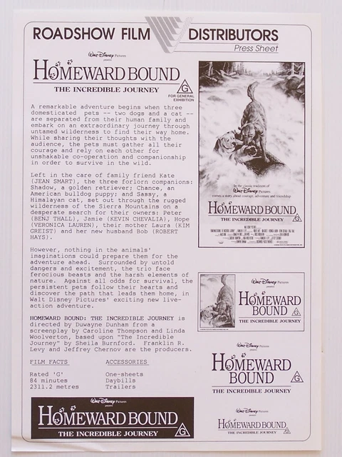 VINTAGE 1993 WALT Disney Homeward Bound Movie Film Cinema Media Press ...