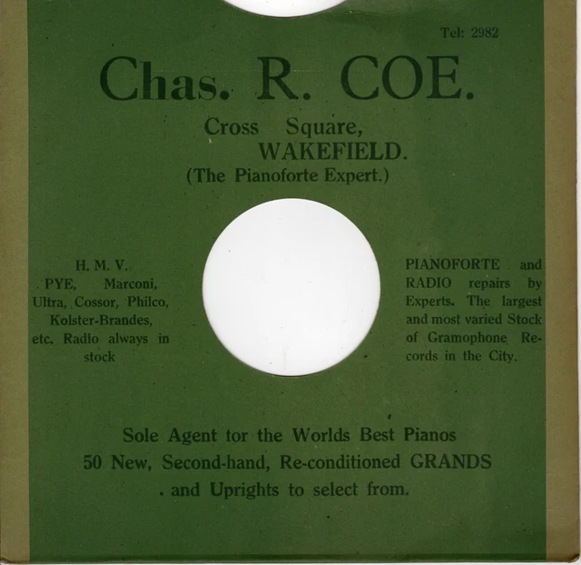 VINTAGE RECORD CARD SLEEVE for 10" 78 rpm shellac Chas. R. Coe ...