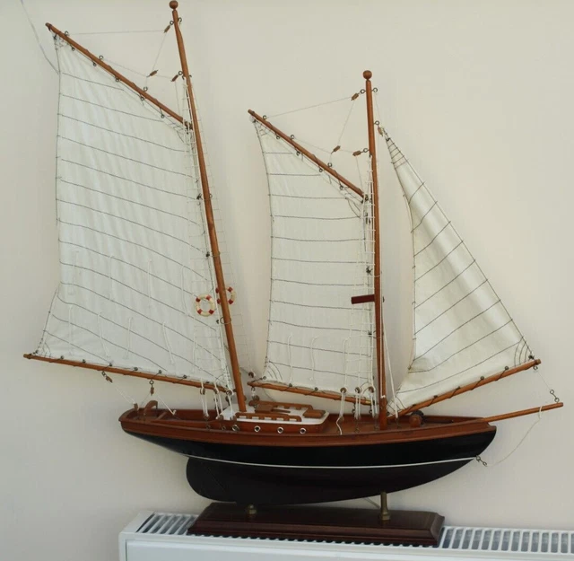 LARGE WOODEN SAILING Yacht Model With Fabric Sails Nautical Boat £59.95 ...