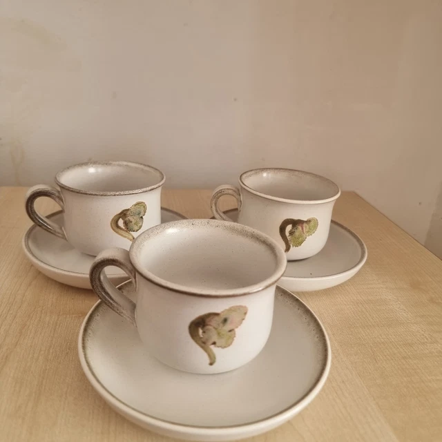 VINTAGE DENBY ENGLAND Coffee Cups &Saucers Set of 3–Rustic Leaf Pattern ...