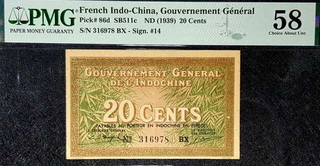 PMG 58 1939 FRENCH INDO-CHINA 20 Cents B/note S/N 316978(+FREE1 note ...