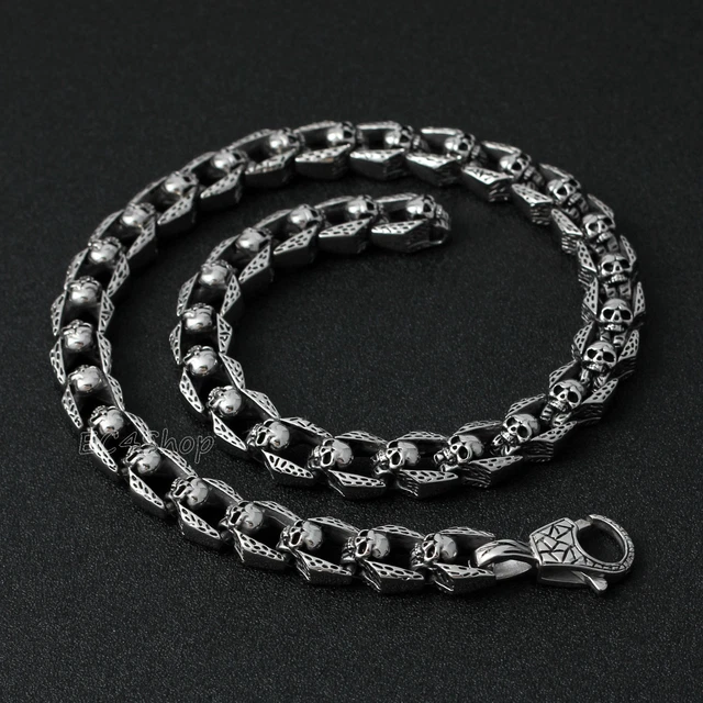 MENS HEAVY RETRO Gothic Skull Chain Link 316L Stainless Steel Necklace ...