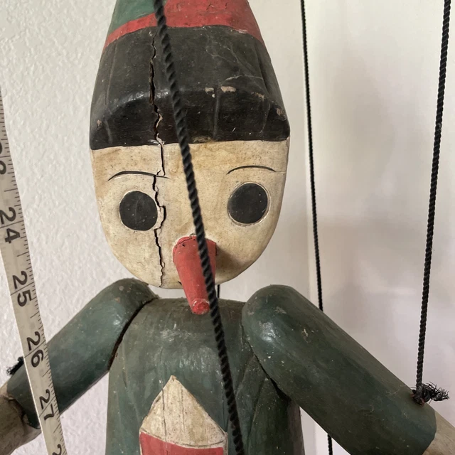 PRIMITIVE VINTAGE 38” Tall Wooden Folk Art Handcarved Pinocchio String ...
