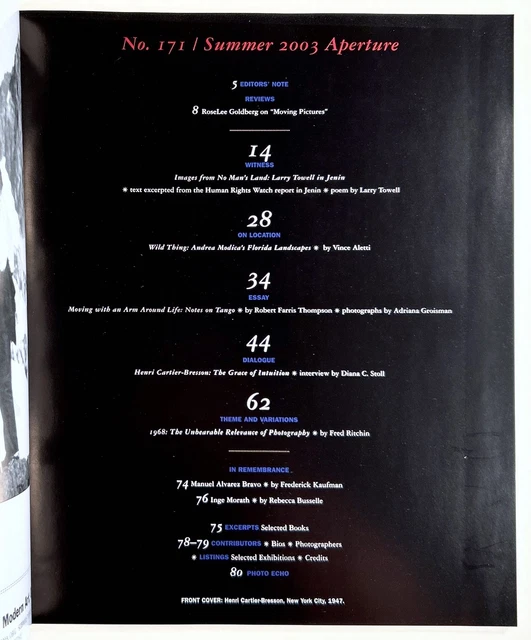 2003 APERTURE #171 Cartier-Bresson WEST BANK PHOTOS Andrea Modica TANGO ...
