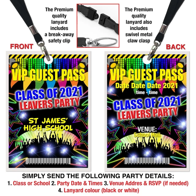 SCHOOL LEAVERS LANYARD VIP Guest Pass Disco Ball, Prom, Party ...