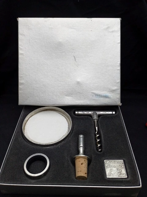 VINTAGE NORWEGIAN PEWTER Troll Tinn Wine Corkscrew Accessory Set In Box ...