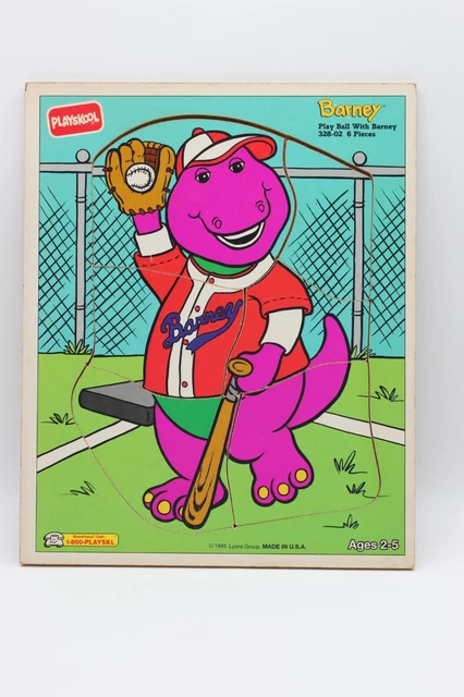 VINTAGE PLAYSKOOL PLAY Ball with Barney Purple Dinosaur Wooden Puzzle ...