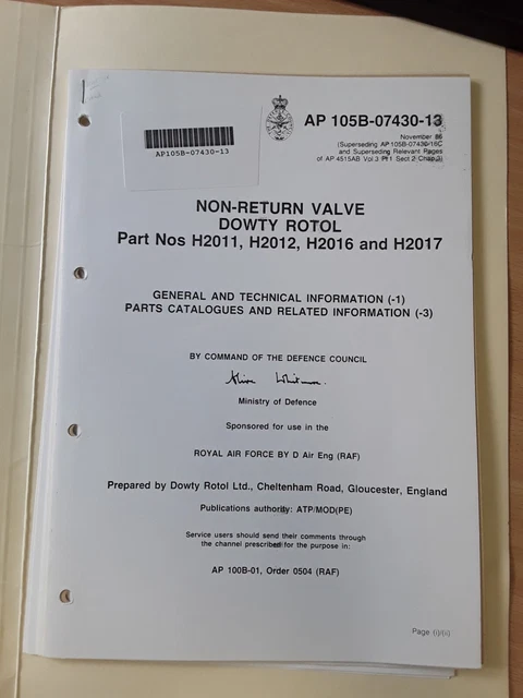 RAF AP 105B-07430-13 Dowty Rotol H2011, H2012, H2016 & H2017 Non-Return ...