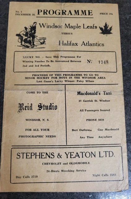 MID 1950S WINDSOR Maple Leafs Program Vs Halifax NS Valley Senior ...