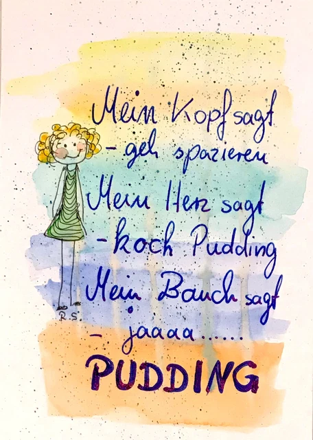 ORIGINAL AQUARELL POSTKARTE mit Spruch Text Schrift Gruß Pudding Herz ...