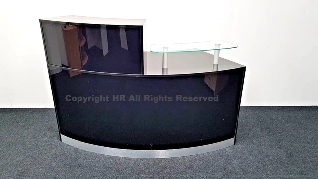 BLACK RECEPTION DESK Black Gloss Curved Glass Unit Aluminium Plinth ...
