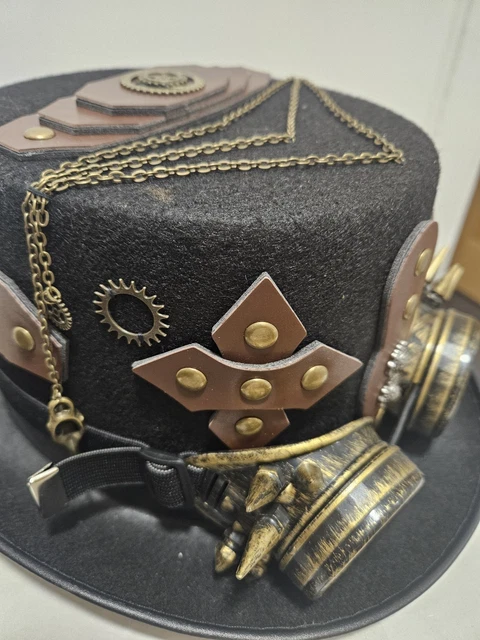 BLACK STEAMPUNK TOP hat , intricate gear details and studded leather ...