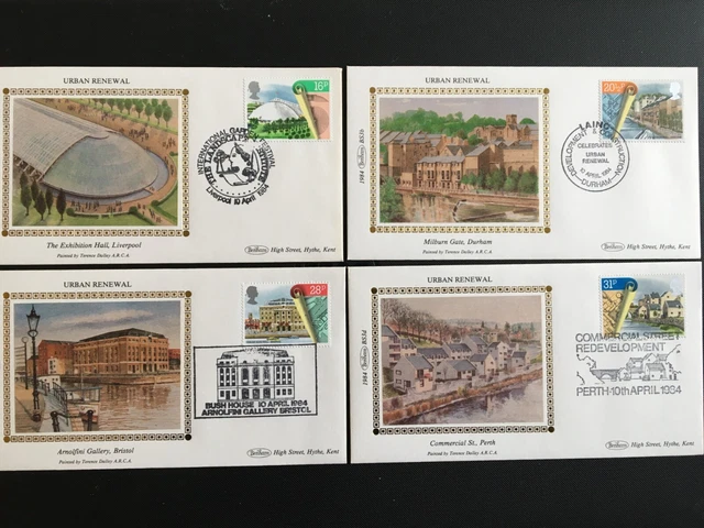 GB 1984 URBAN Renewal Benham Silk FDCs, set of 4 Various Special Pmks ...