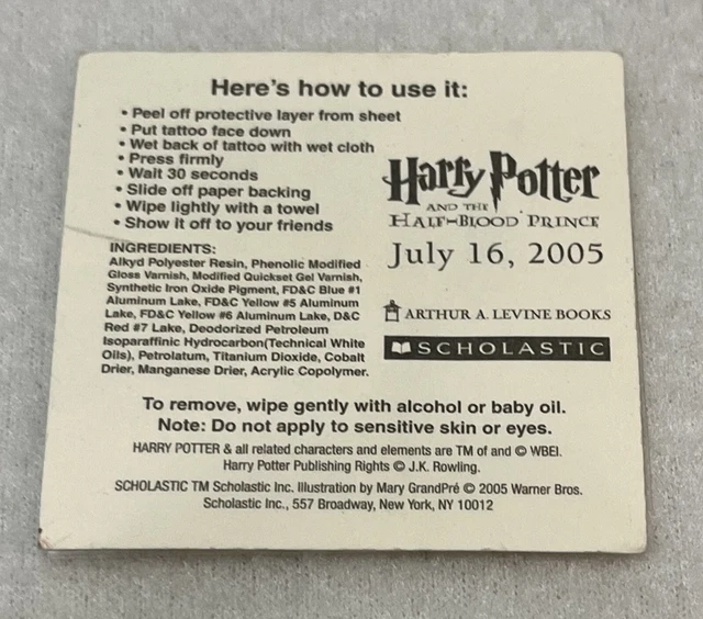 HARRY POTTER HALF Blood Prince Promotional Temporary Tattoos - set of 6 ...