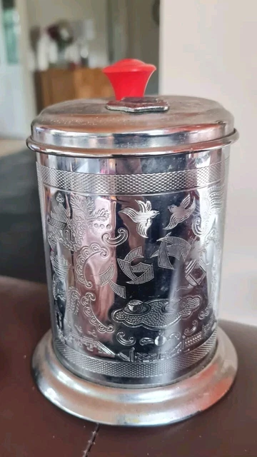VINTAGE TEA CADDY Canister Red Bakelite Willow Pattern Isle Of Man ...