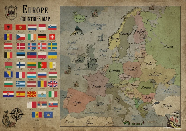 VINTAGE EUROPE COUNTRIES Map Poster – Old World Illustrated Political ...