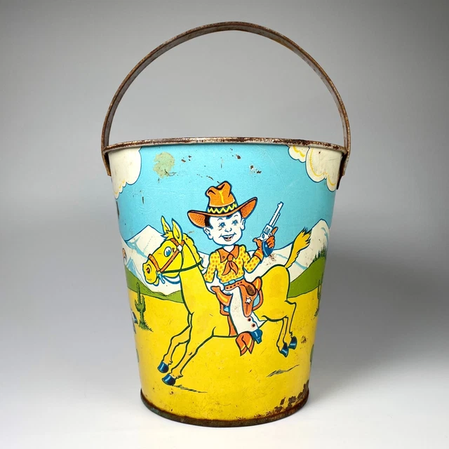 VINTAGE TIN LITHO J. CHEIN Beach SAND PAIL Bucket w/ Cowboys & Indians ...