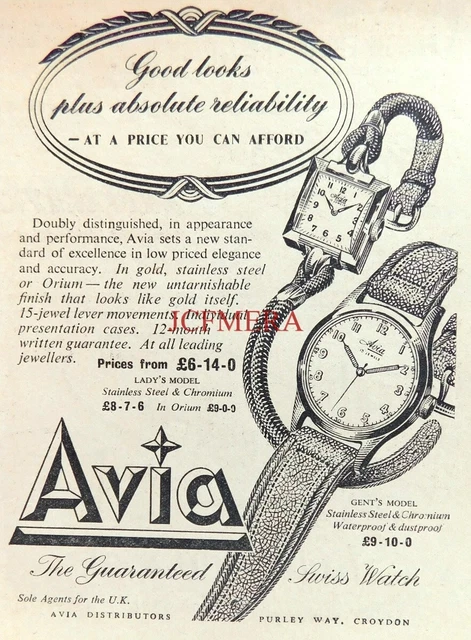 AVIA GUARANTEED SWISS Wrist Watches Vintage ADVERT #3 : Small 1953 ...