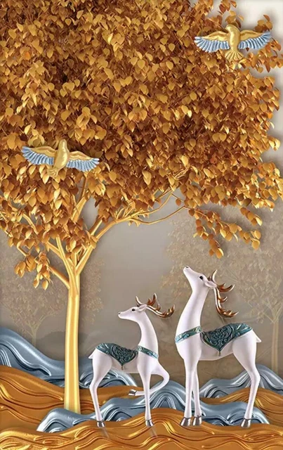 3D GOLDEN TREE Deer Wallpaper Wall Mural Removable Self-adhesive ...