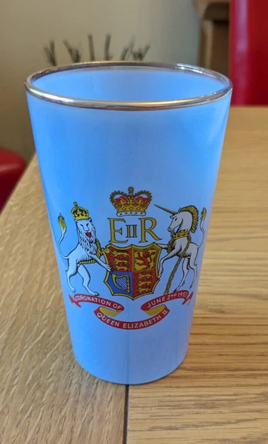QUEEN ELIZABETH II 1953 CORONATION BEAKER CUP HIGHBALL GLASS in BLUE ...
