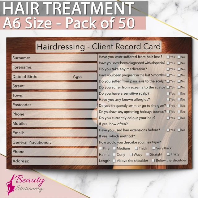 HAIRDRESSING CLIENT RECORD Card NEW - PREMIUM Treatment Cons. A6 Pack ...
