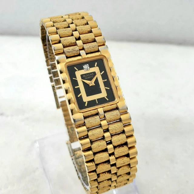 RARE VINTAGE BULOVA 1990'S 92K38 Tank Gold/Black Quartz Diamond Women's ...