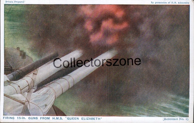 ROYAL NAVY HMS Queen Elizabeth Firing guns WW1 Printed Postcard ...