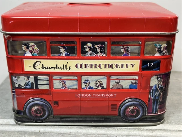CHURCHILL'S CONFECTIONERY DOUBLE Decker Bus Money Box EMPTY Tin ...