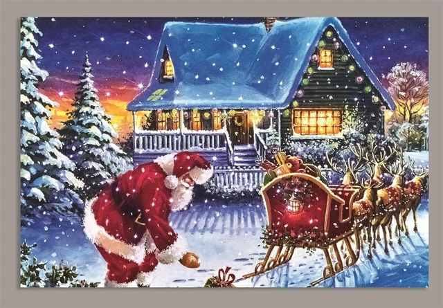 LARGE LED LIGHT Up 60 x 40cm Fibre Optic Christmas Santa & Sleigh Snow ...